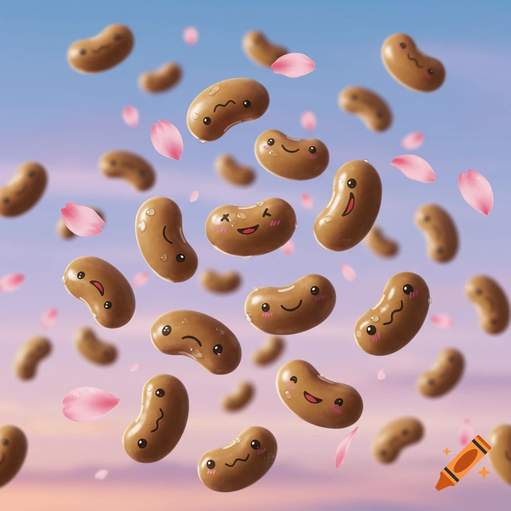 Smiling cartoon beans with water droplets float among pink petals in a ...