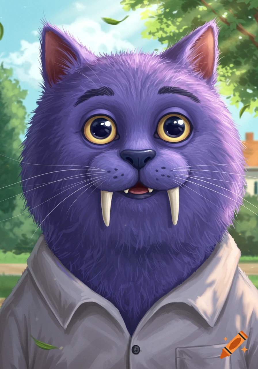 A purple fluffy anthropomorphic cat with large tusks, wide eyes, and a ...