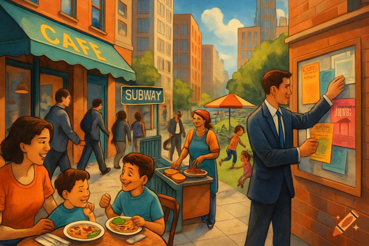 Smiling children wait in line at a cheerful school cafeteria lunch cart ...