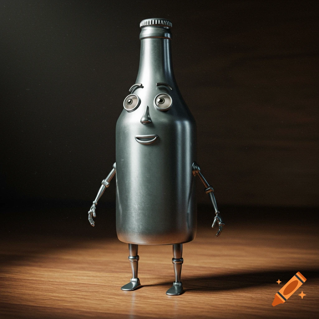 A metallic bottle with a smiling human face, robot arms, and legs ...