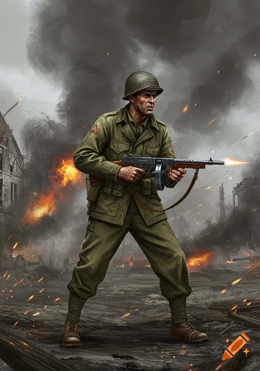 An illustrated US WWII soldier in olive uniform fires a Thompson SMG ...