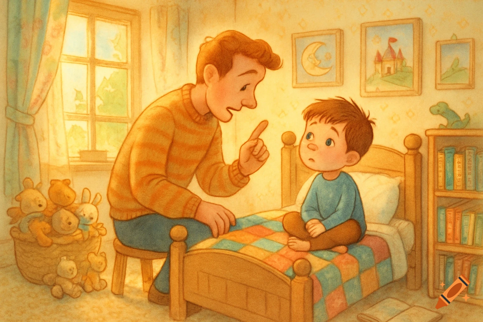 A smiling blonde man and woman in Pixar style stand in a cozy room ...