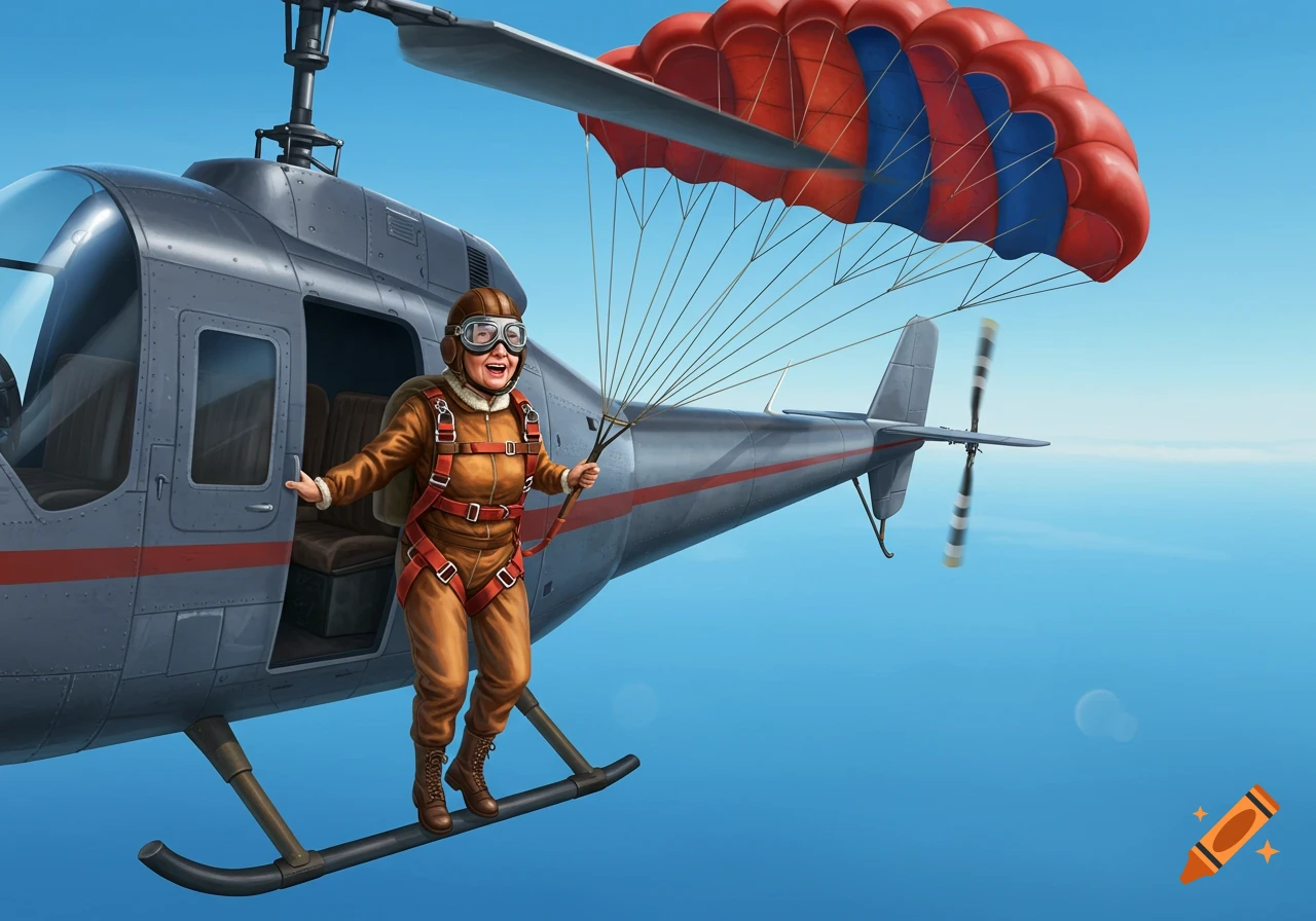 A smiling elderly woman in a vintage parachute suit and aviator goggles ...