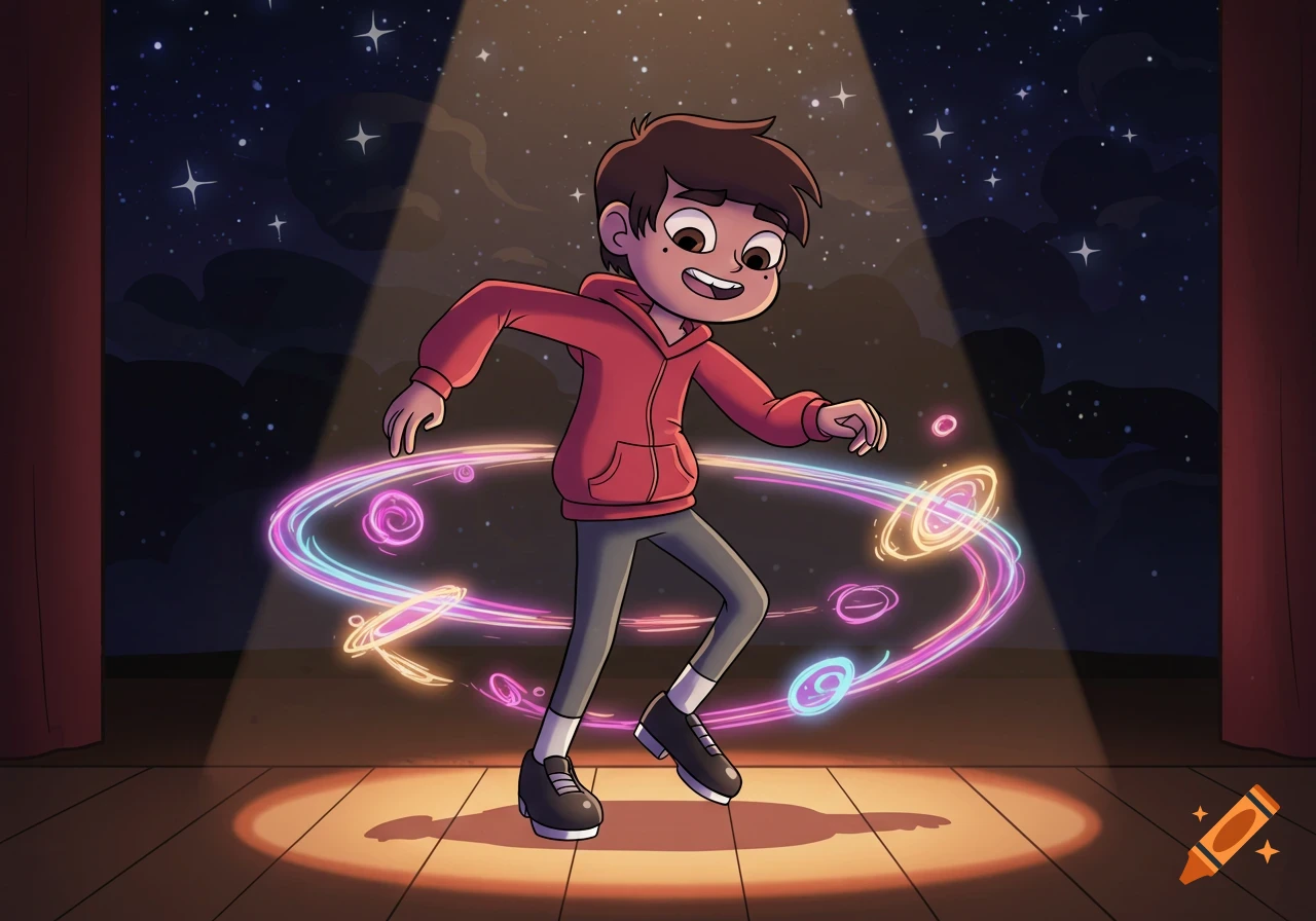 Cartoon boy Marco from Star vs. the Forces of Evil tap dancing on stage ...