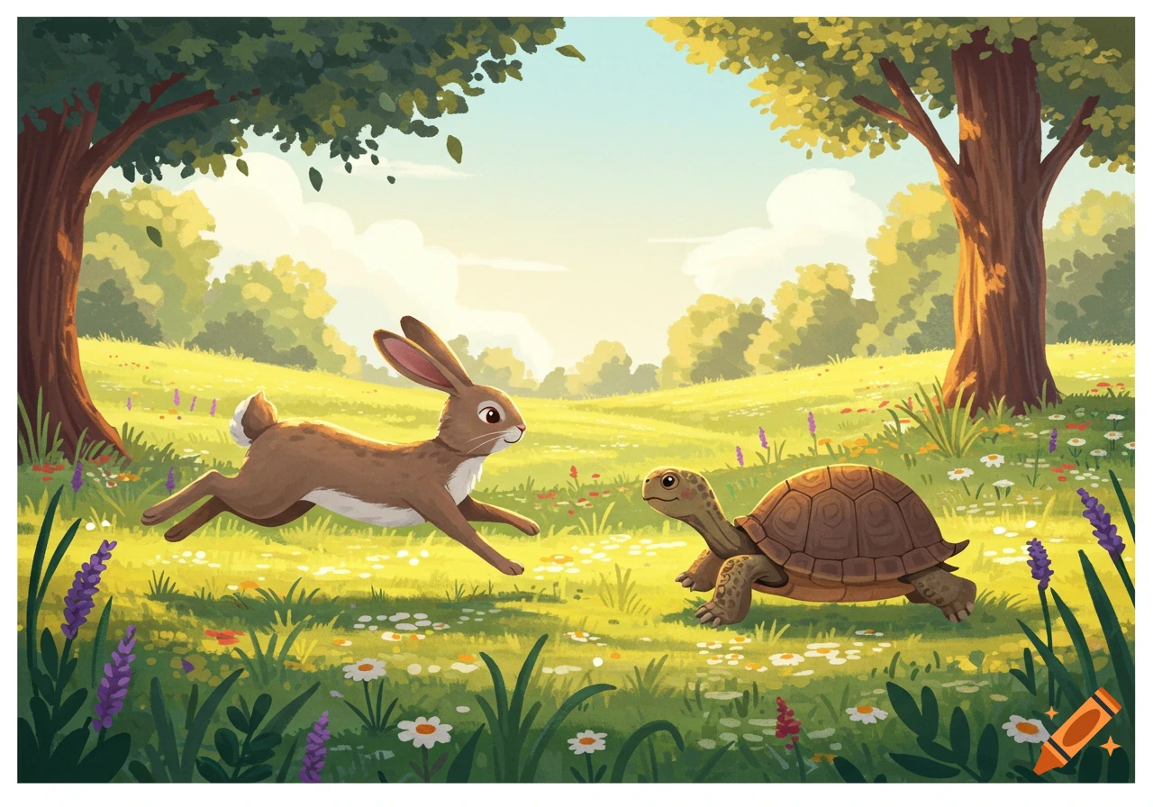 Cartoon illustration of a brown rabbit running past a turtle in a sunny ...