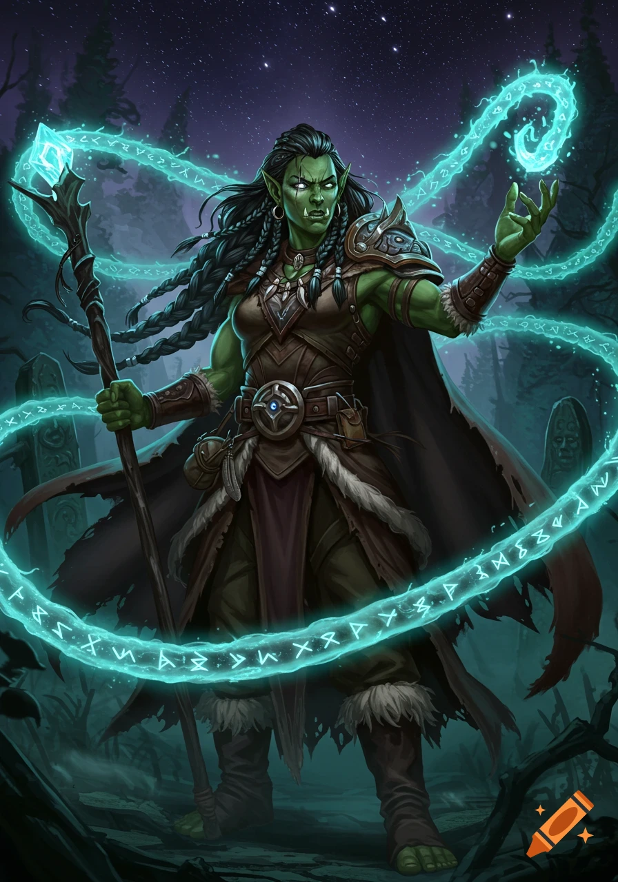 A muscular female orc warrior stands in a dark forest under a full moon ...