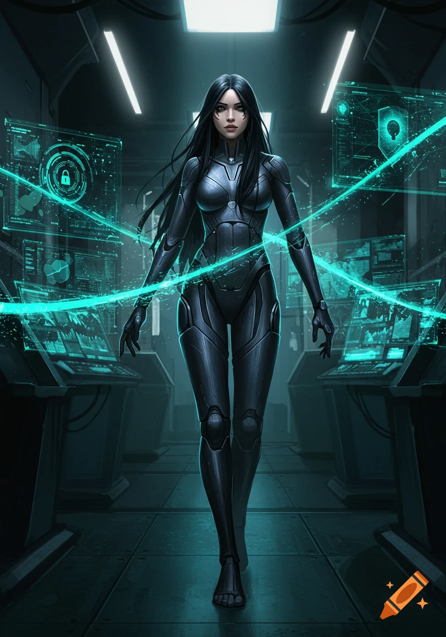 A woman with long black hair in a black latex bodysuit stands in a dark temple, surrounded by ...