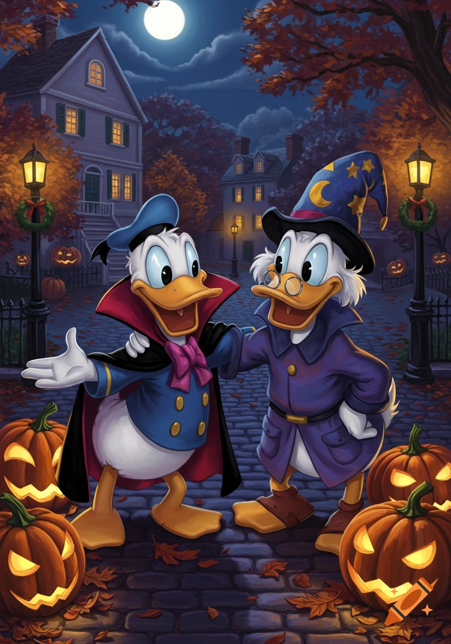 Donald Duck as a vampire and Scrooge McDuck as a wizard in a cartoon ...