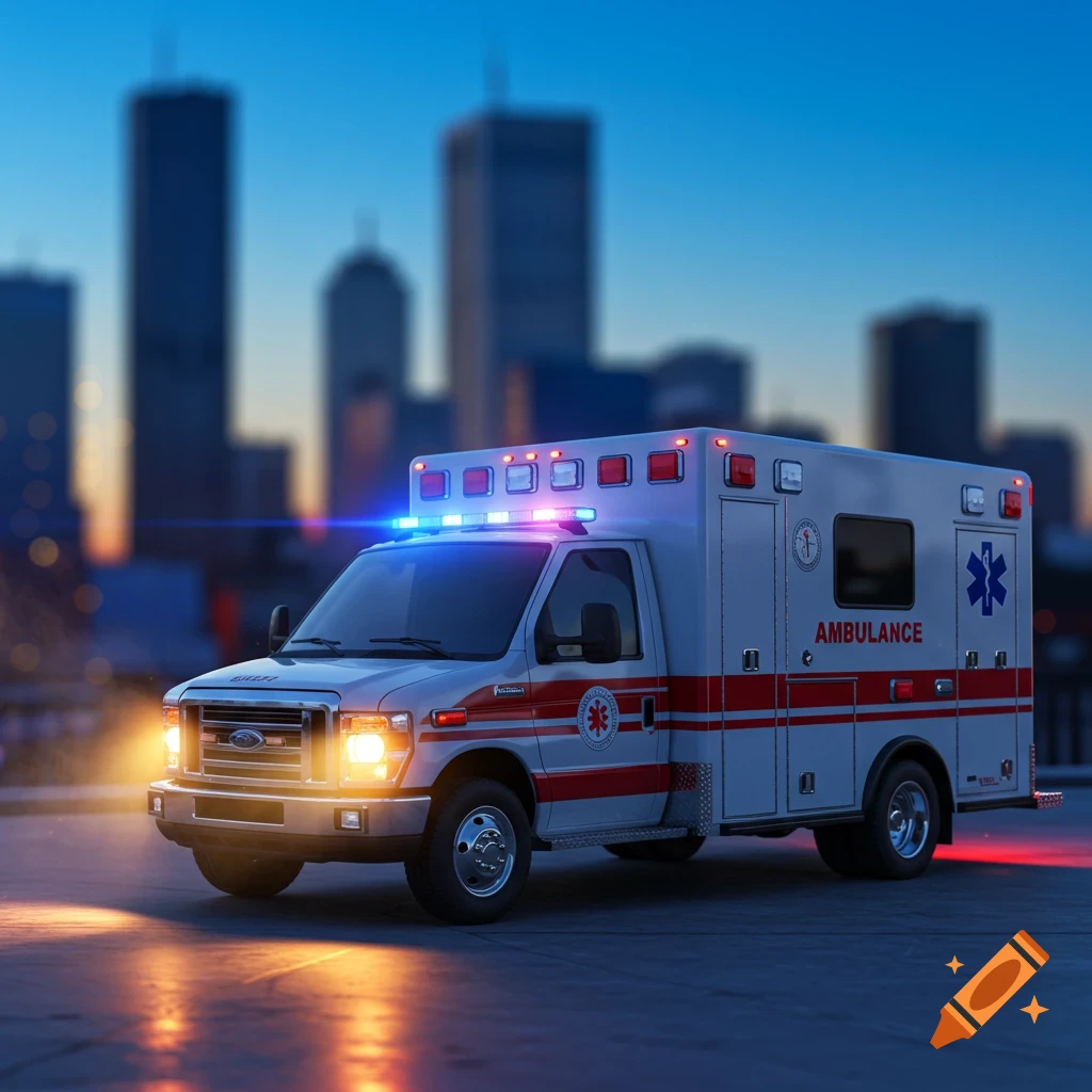 An ambulance with glowing neon text "EAT SLEEP PRACTICE REPEAT" on its ...