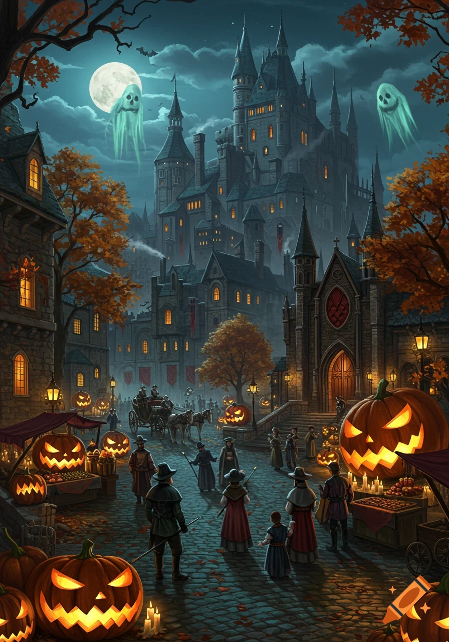 Three dramatic witches in long robes cast green spells on a cobblestone ...