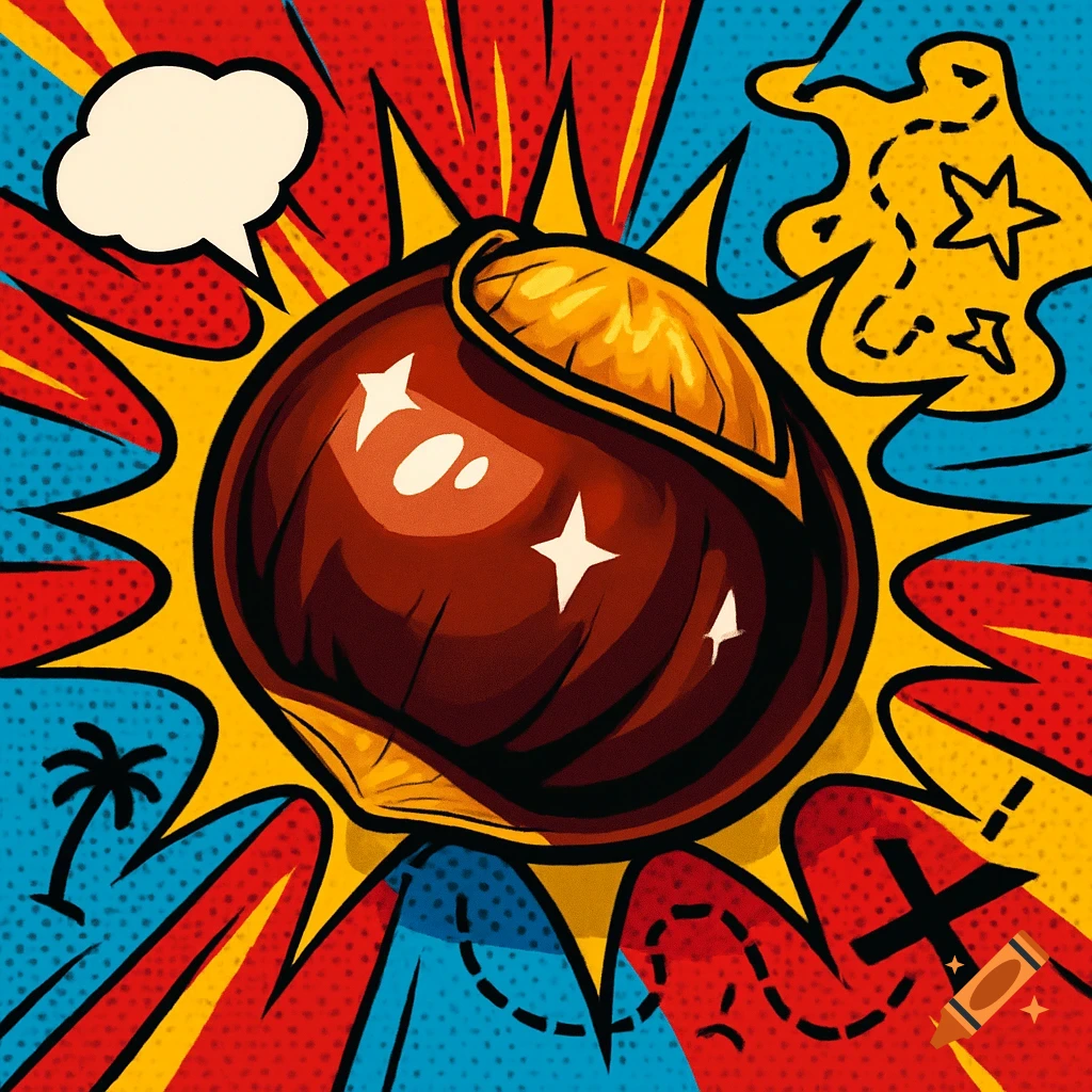 A vibrant pop art illustration of a chestnut with a spiky yellow ...