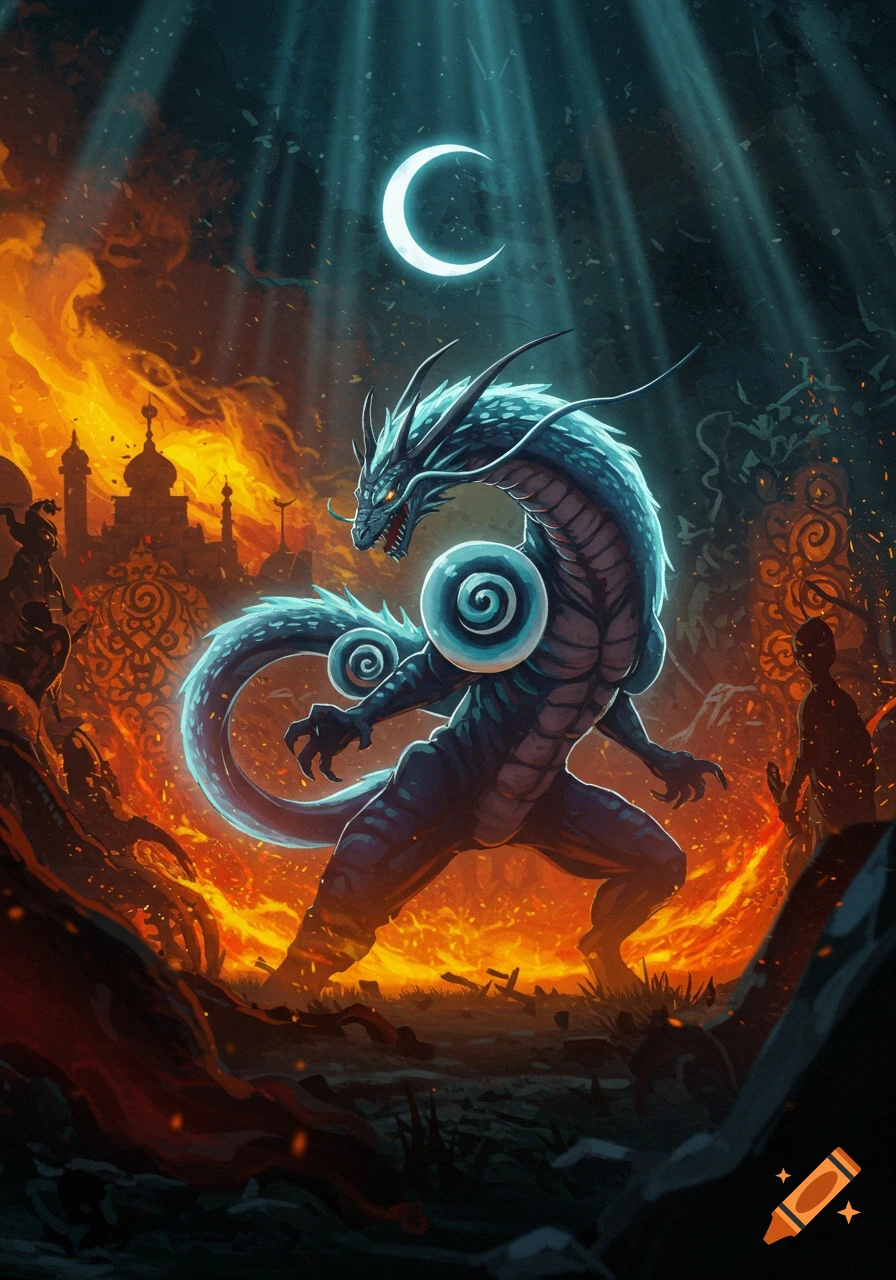 A powerful blue-green dragon-like monster with glowing eyes stands ...