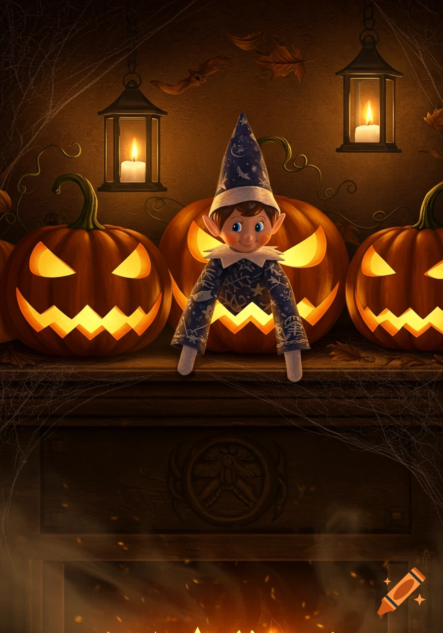 Elf on the Shelf wizard doll on a spooky Halloween mantelpiece with ...