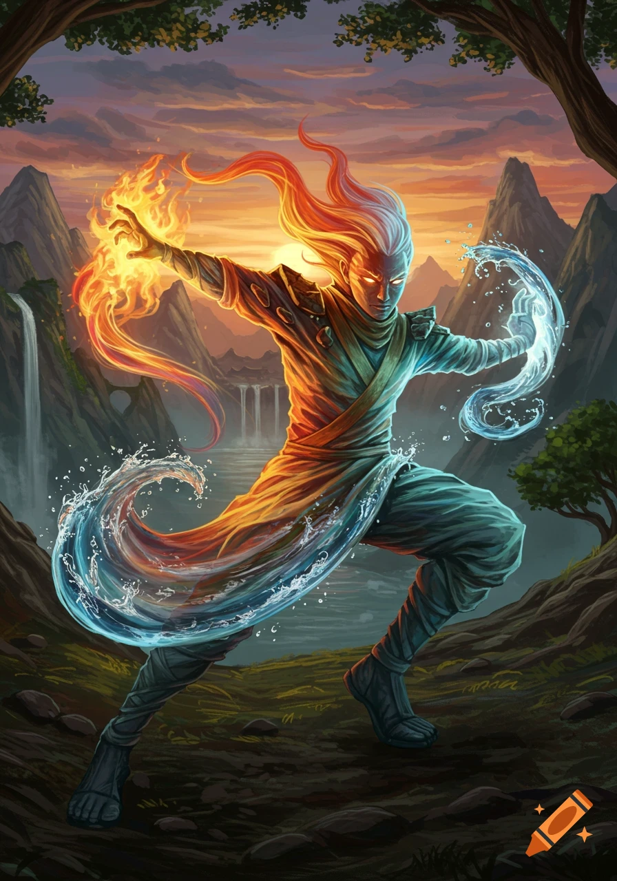 Vibrant illustration of a fantasy elemental ninja wielding fire and ...