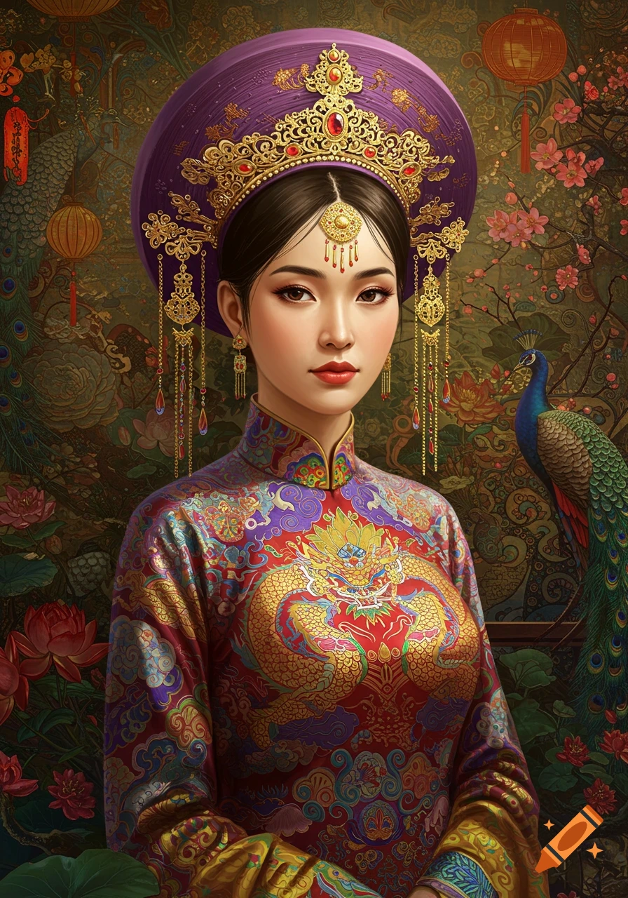 A smiling Chinese bride and groom in traditional red attire stand under ...