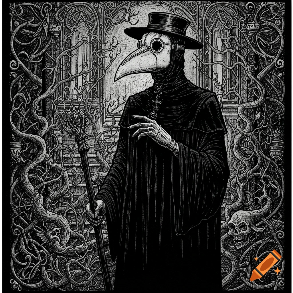 Black-and-white line art of a hooded monk holding a barley stalk, in a ...