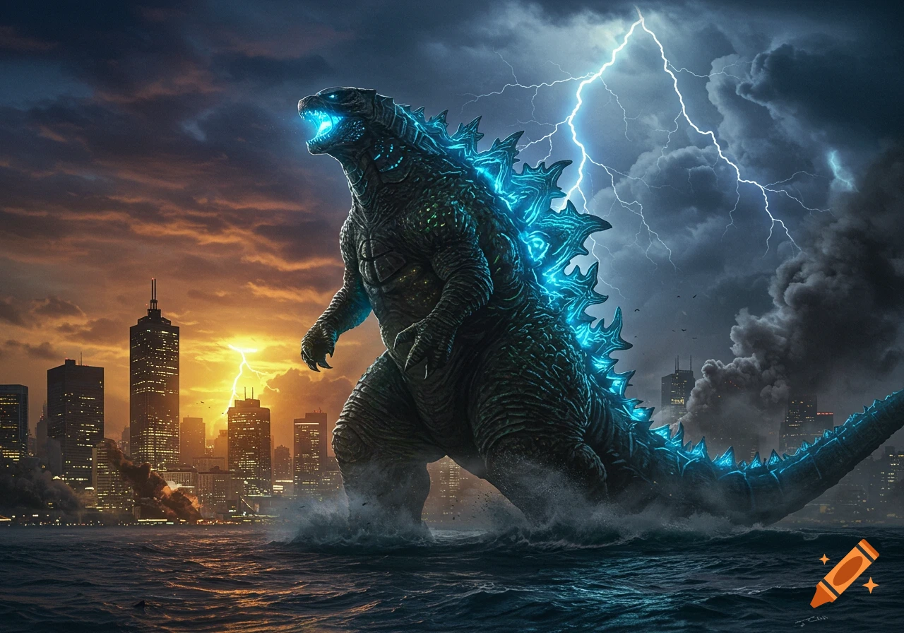 Giant Godzilla with glowing blue spines emerging from the ocean amidst ...