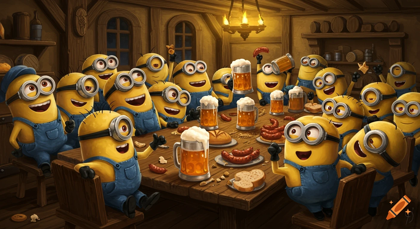 Multiple 3D animated Minions celebrating amidst confetti and fruits ...