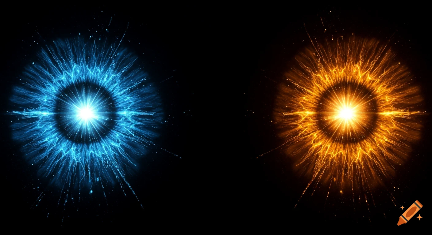 Two glowing orbs, one blue and one orange, burst with light and ...