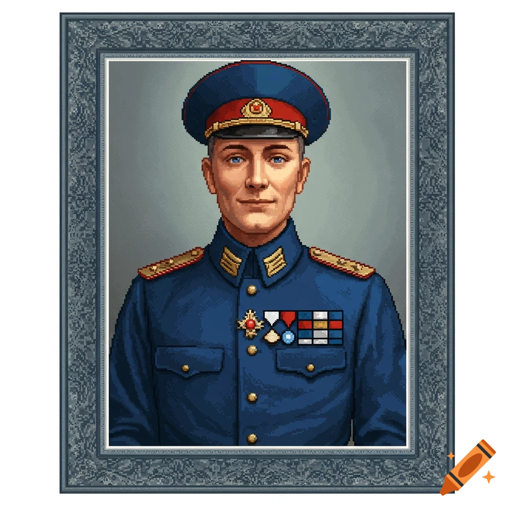 Pixel art portrait of a man in a blue military uniform with medals ...