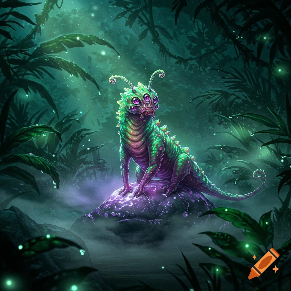 A vibrant green and purple alien-like creature with multiple eyes sits ...