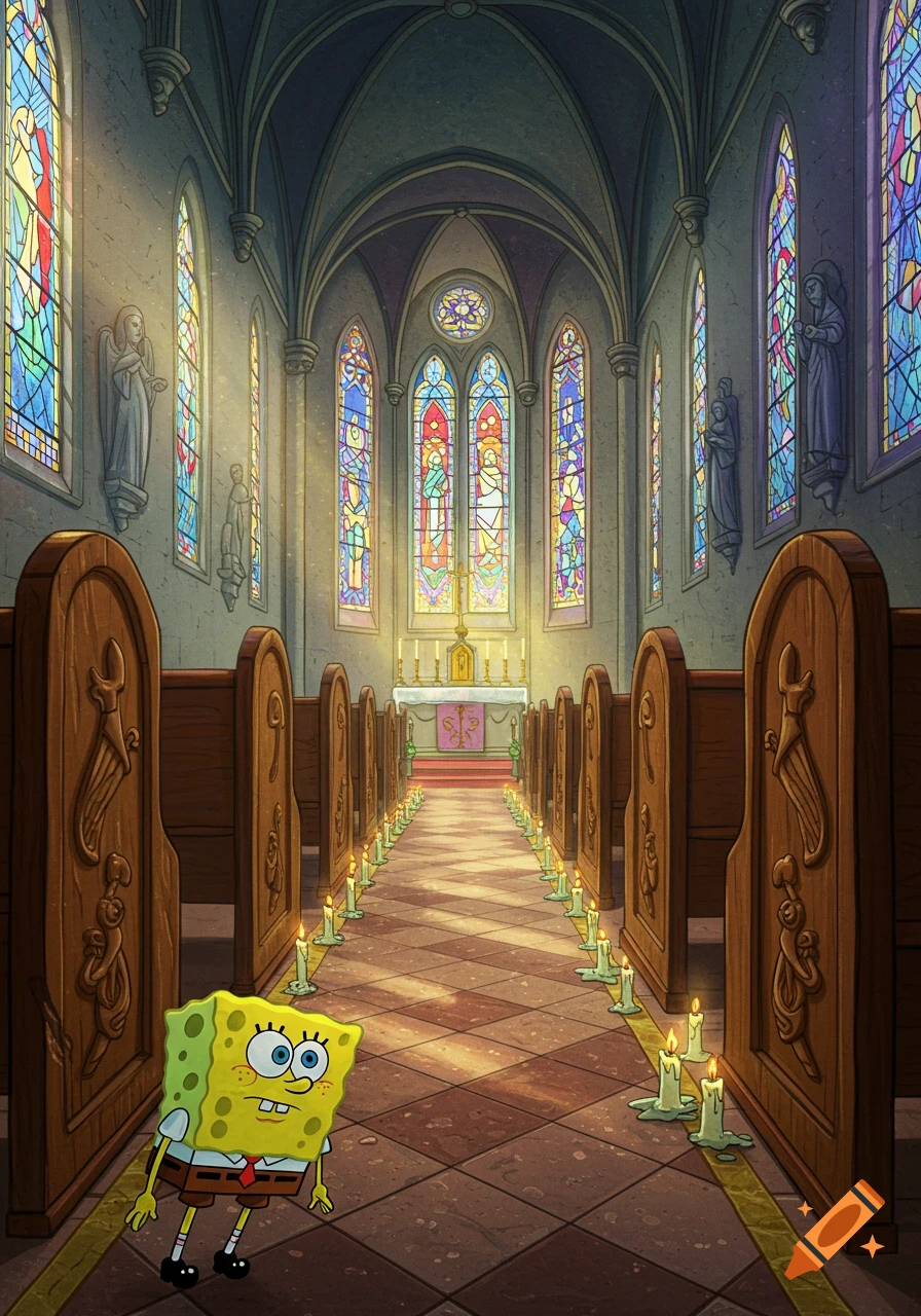Cartoon SpongeBob looks worried standing in a candlelit church aisle ...