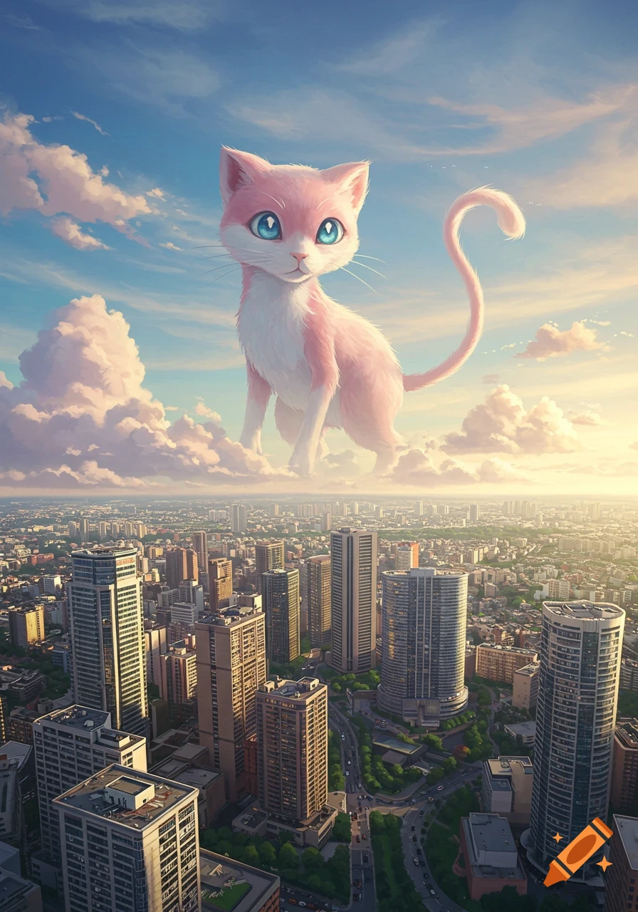 A giant pink and white cat resembling Mew stands over a sprawling city ...