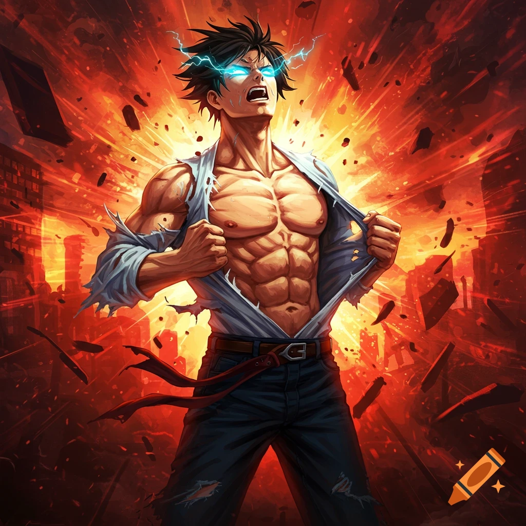 A muscular anime man with glowing blue eyes and an electrical aura rips ...