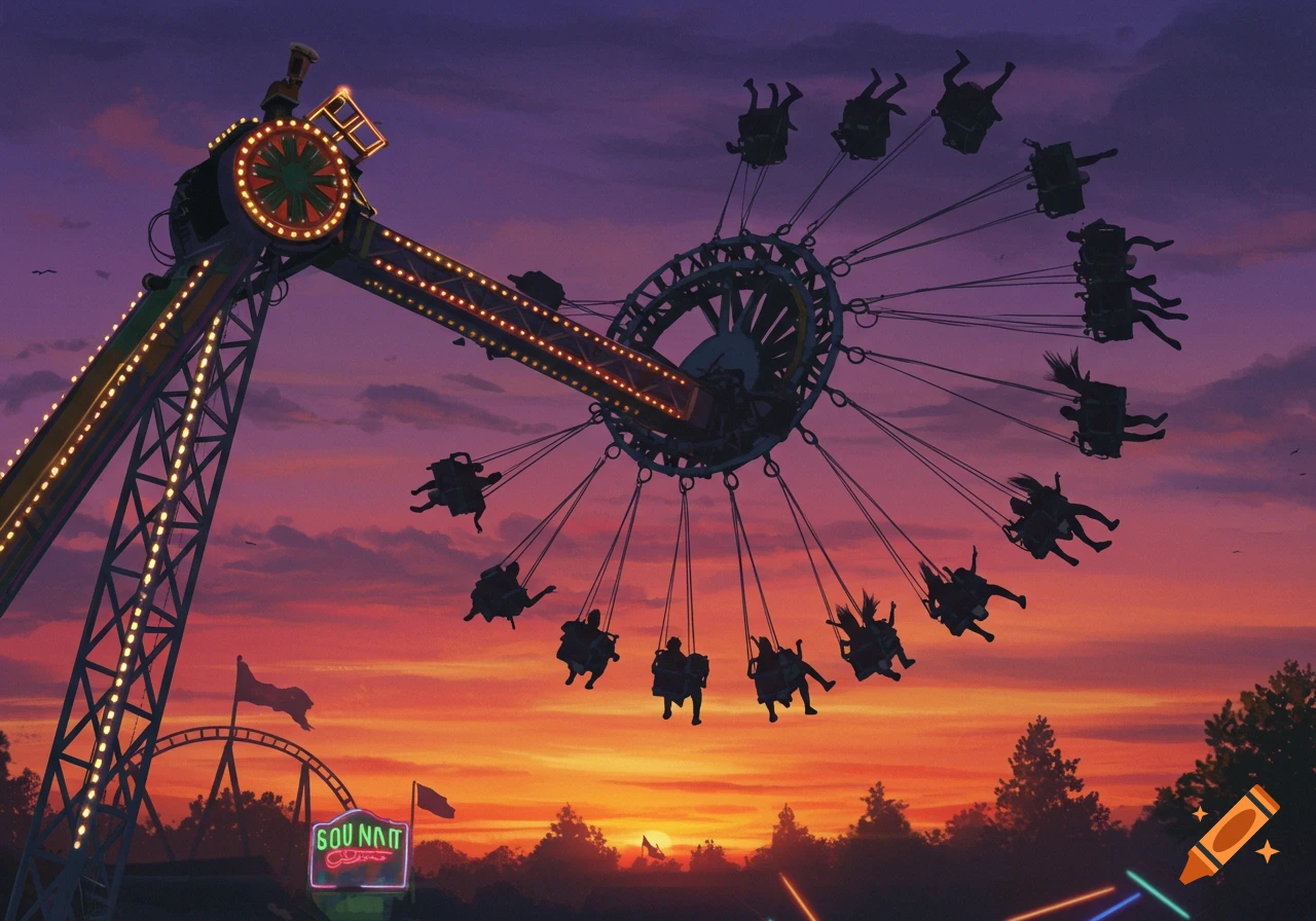 A colorful amusement park ride, silhouetted against a vibrant purple ...