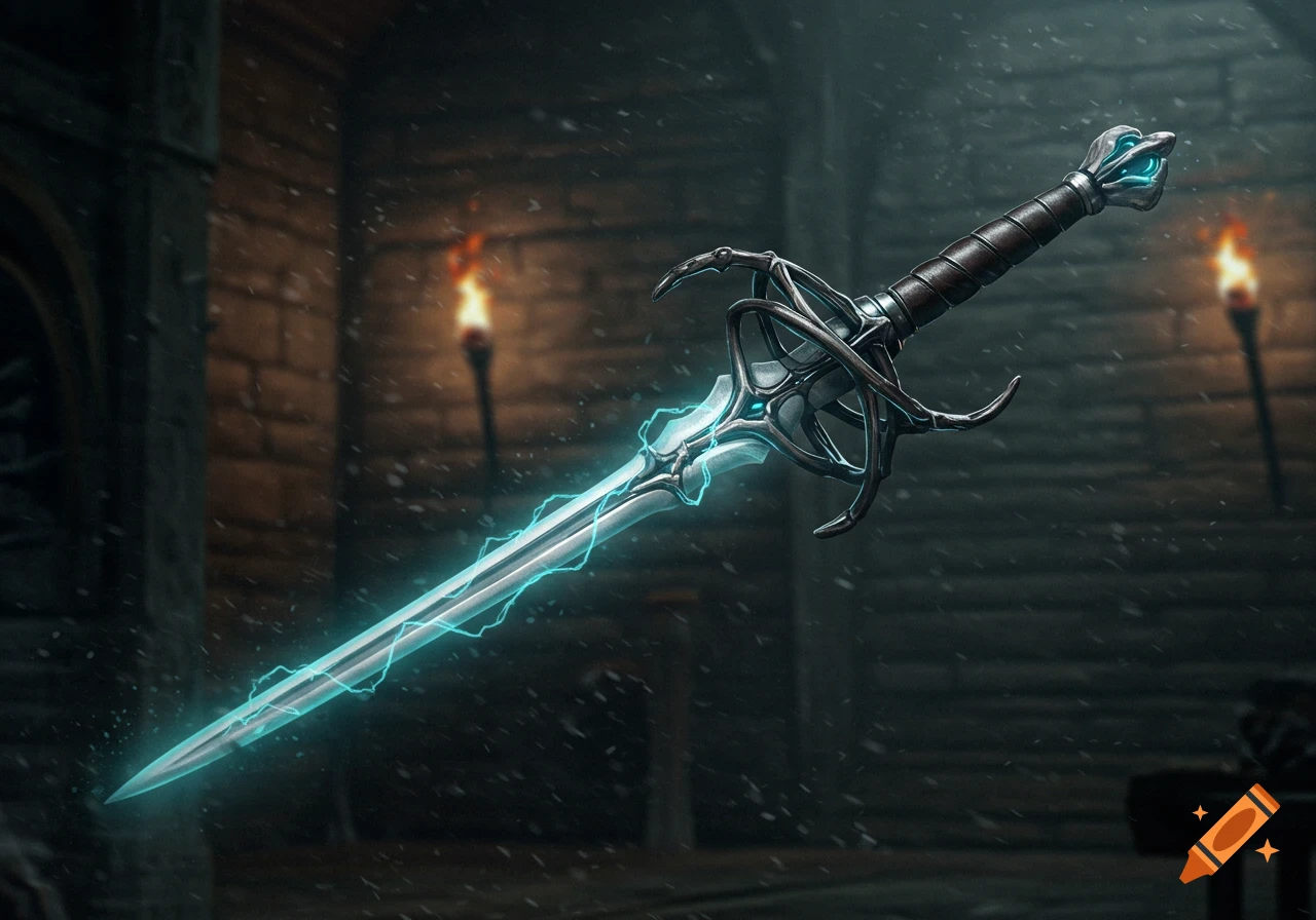 A glowing blue hammer-sword stands in a dark stone dungeon with fiery ...