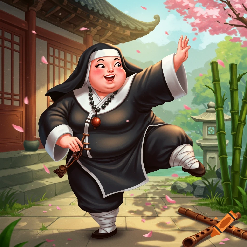 A cheerful, plump cartoon nun in a black habit performs a kung fu kick ...