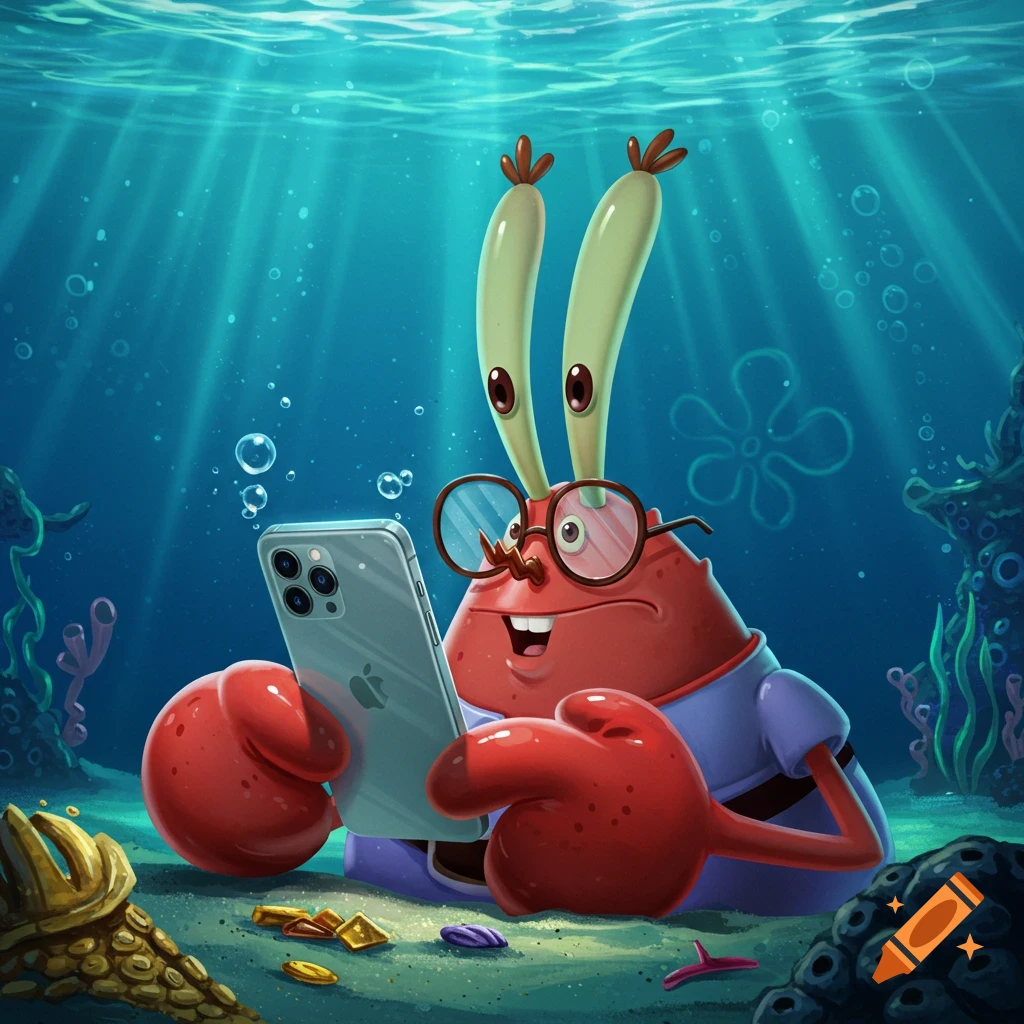 Mr. Krabs, a red crab character with glasses, sits underwater on the ...