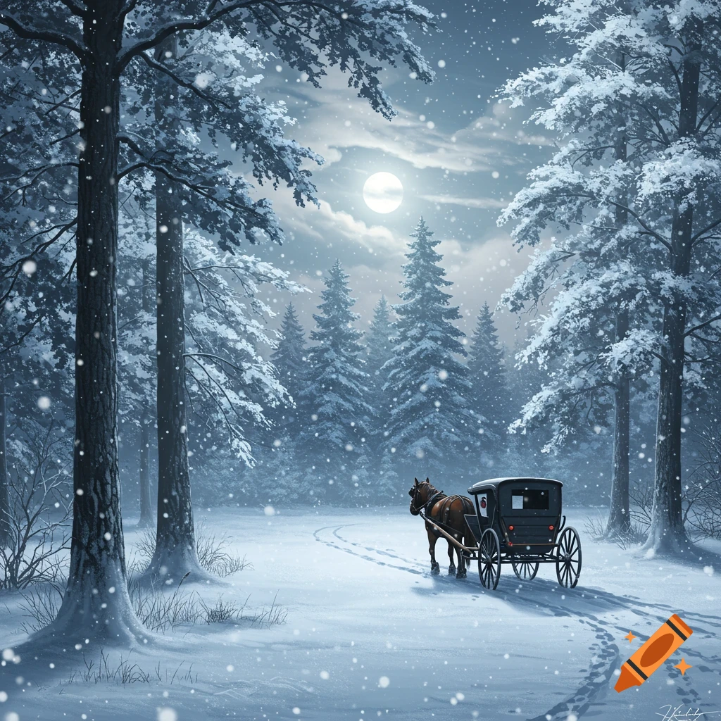 A snowy path lined with breadcrumbs winding through a dense winter ...