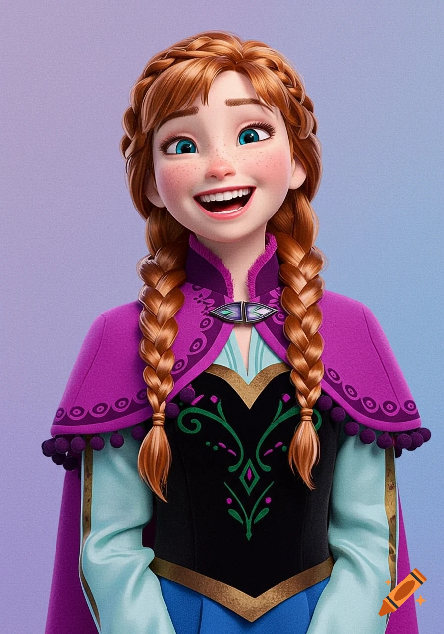 Semi-realistic portrait of Anna from Frozen, smiling joyfully with ...