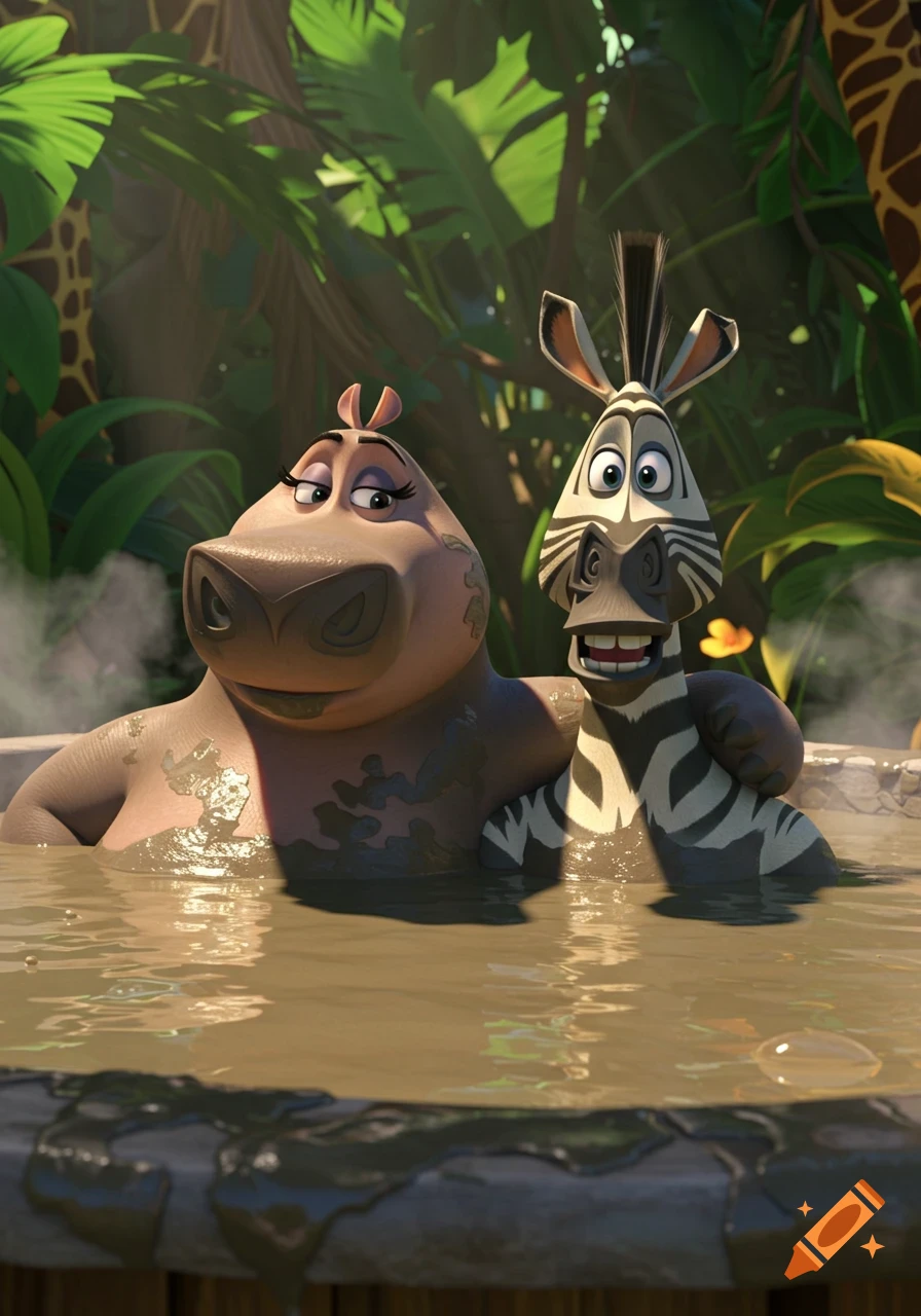 Gloria the hippo and Marty the zebra from Madagascar relaxing in a mud ...