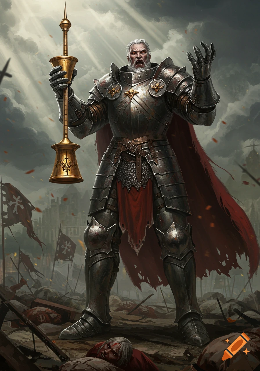 A blood-splattered knight with a beard stands before a burning ...