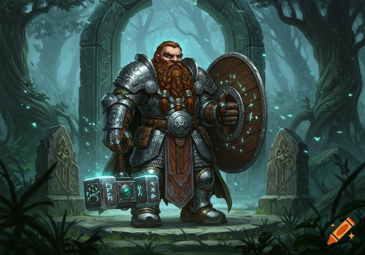 A mighty fantasy dwarf warrior in ornate plate armor, holding a glowing ...
