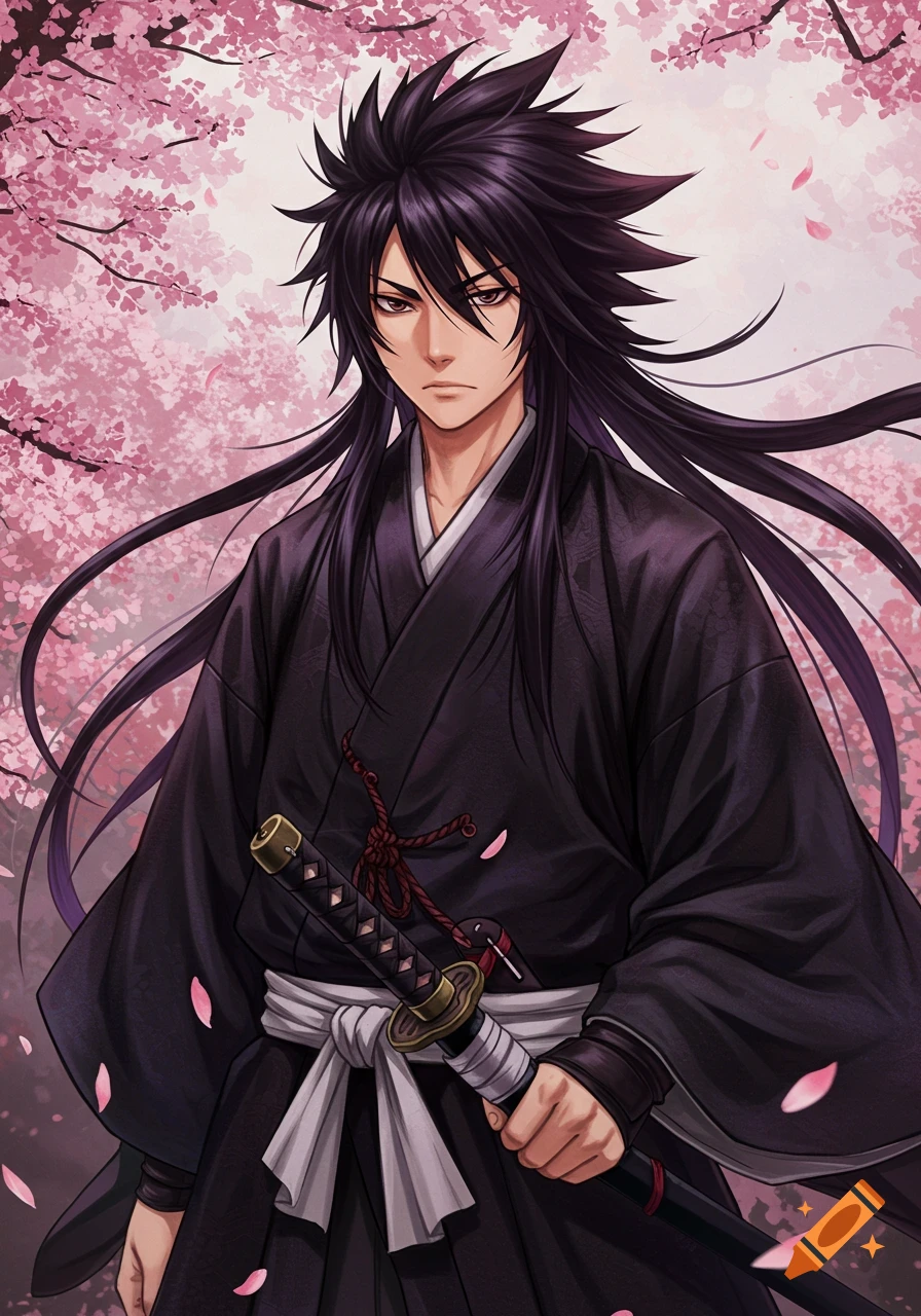 An anime man with long, spiky black hair, dressed in black samurai ...