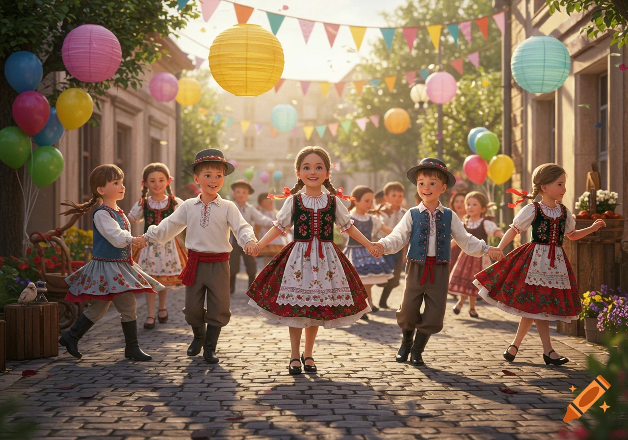 Children in traditional European folk costumes dancing on a cobblestone ...