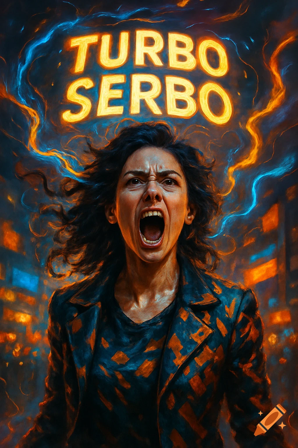 A digitally painted portrait of a screaming woman with 'TURBO SERBO ...