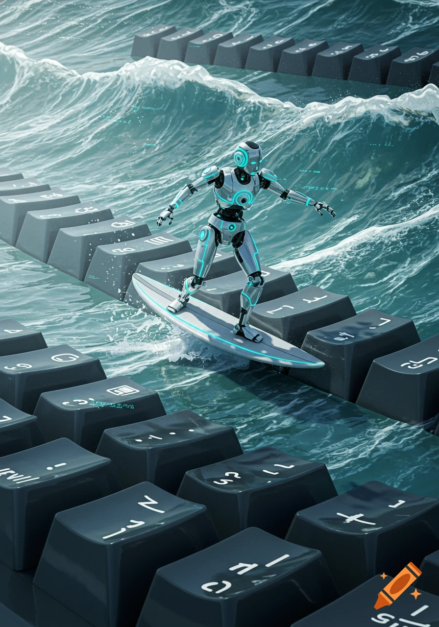 A futuristic silver and teal robot surfs on a surfboard over a sea of ...