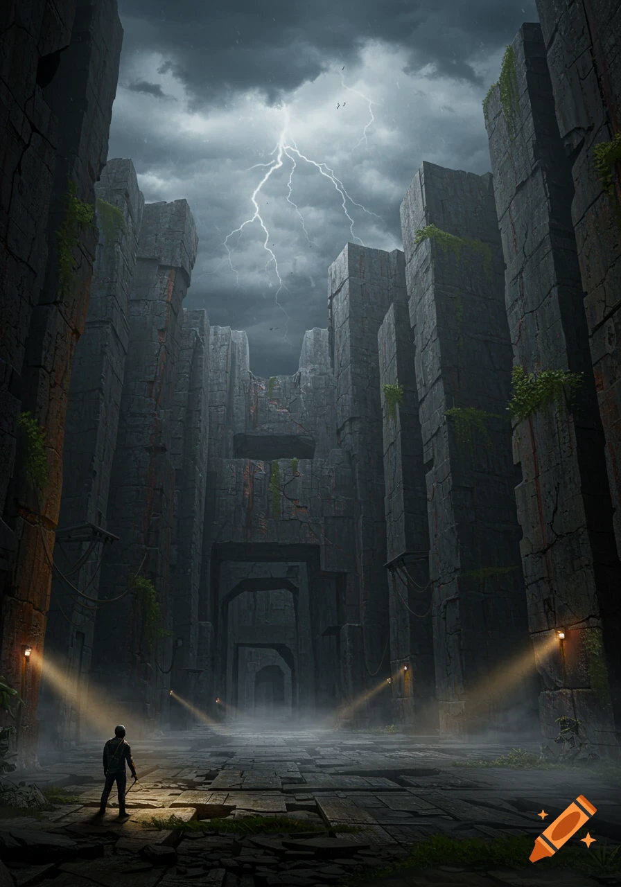 A dark, ominous temple with tall pillars and glowing blue flames, set ...