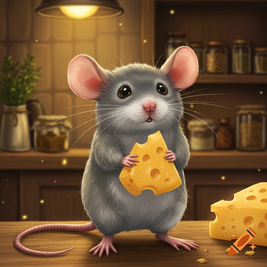 Cartoon Jerry Mouse happily bites into a large wheel of Swiss cheese on ...