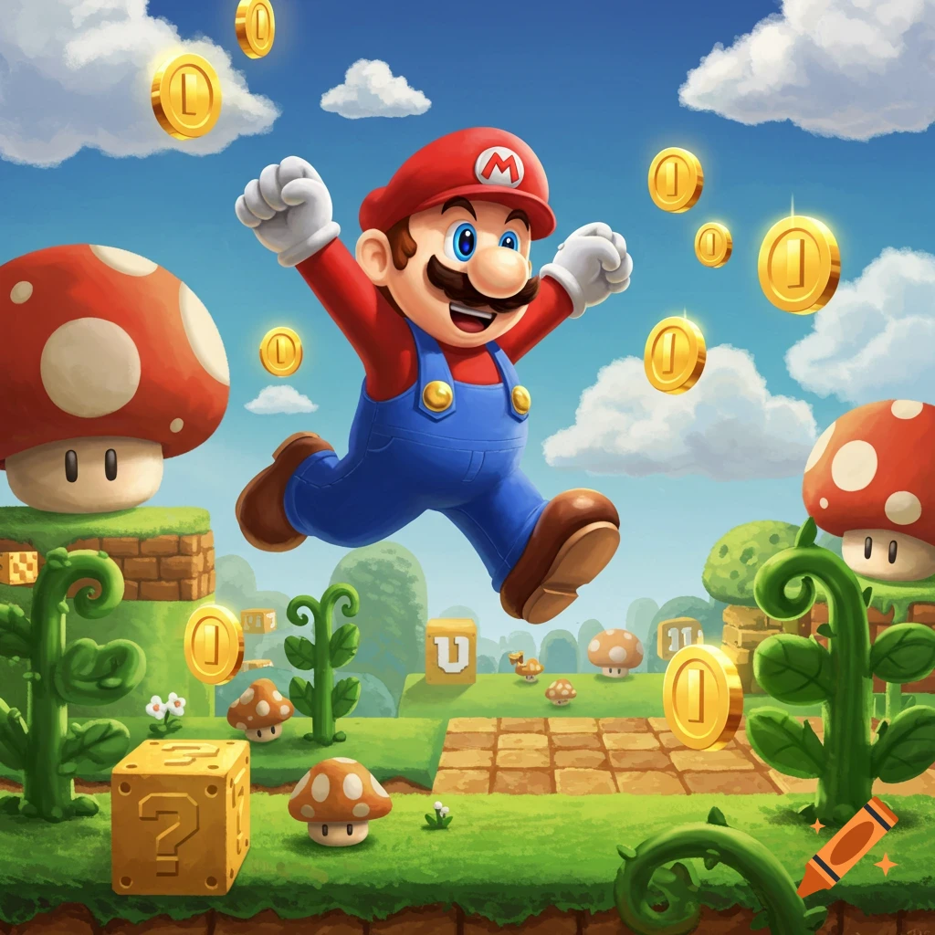A vibrant illustration of Mario jumping in a cartoon landscape with ...
