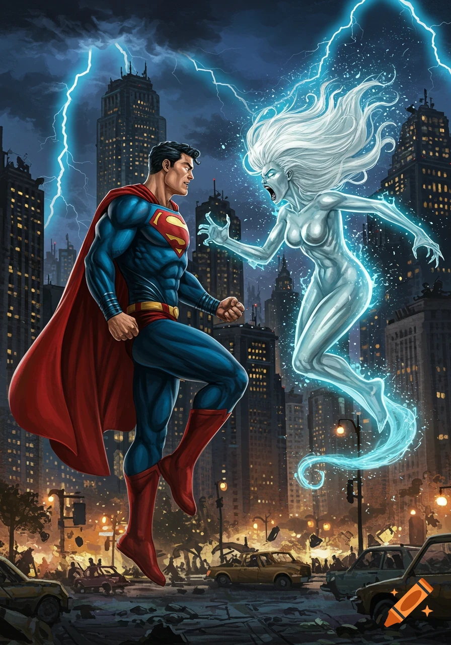 Batman kicks Superman in a dynamic, stormy, night city scene with ...