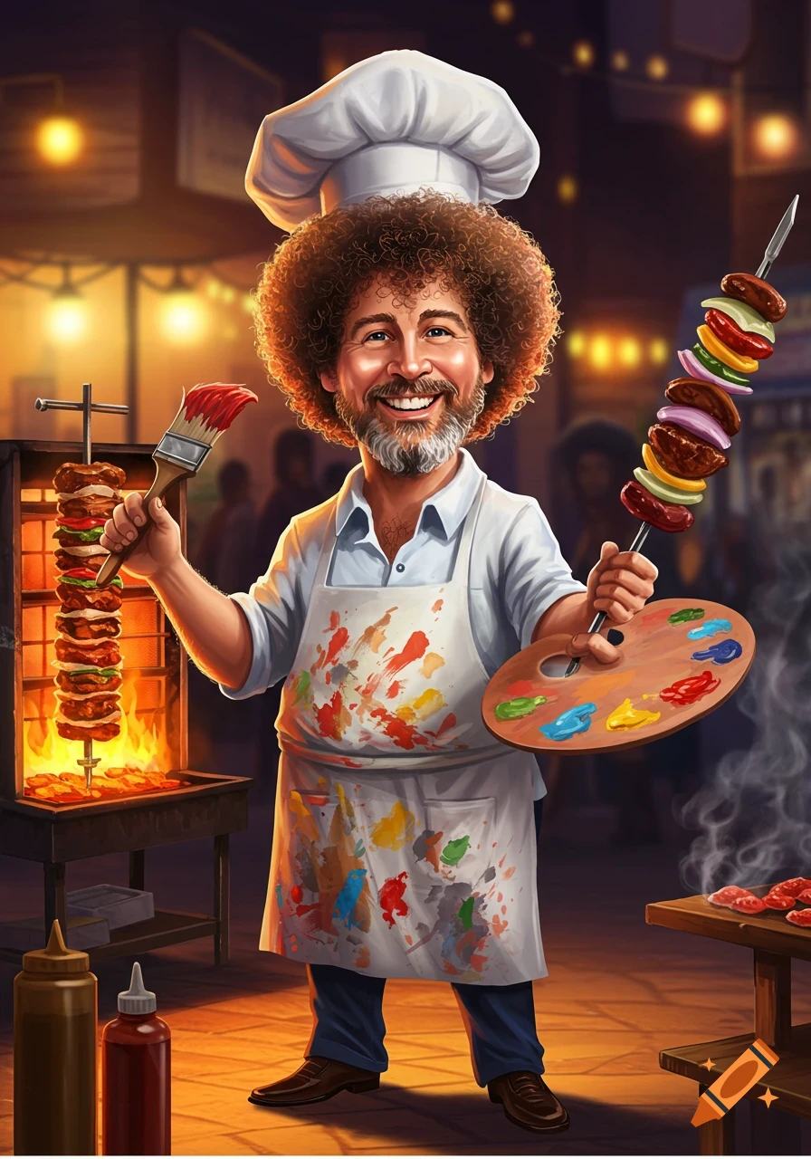Smiling Bob Ross caricature, dressed as a chef with a paint-splattered ...
