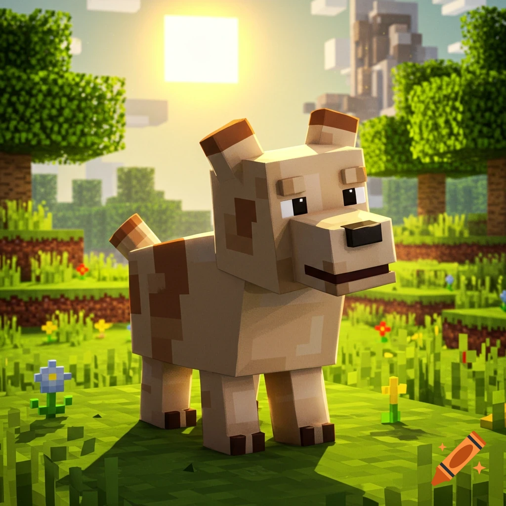 A blocky dog stands in a vibrant Minecraft world with green grass ...