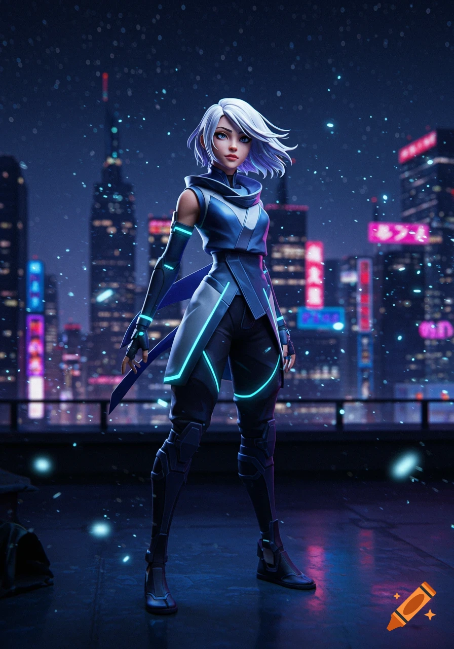 3D render of a woman in a black suit with short silver hair standing ...