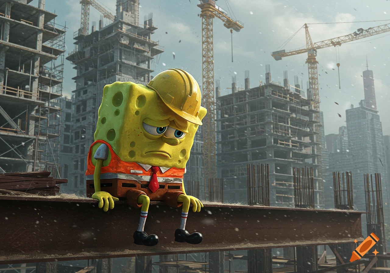 Spongebob Squarepants in a construction hard hat and safety vest sits sadly on a steel beam at a ...