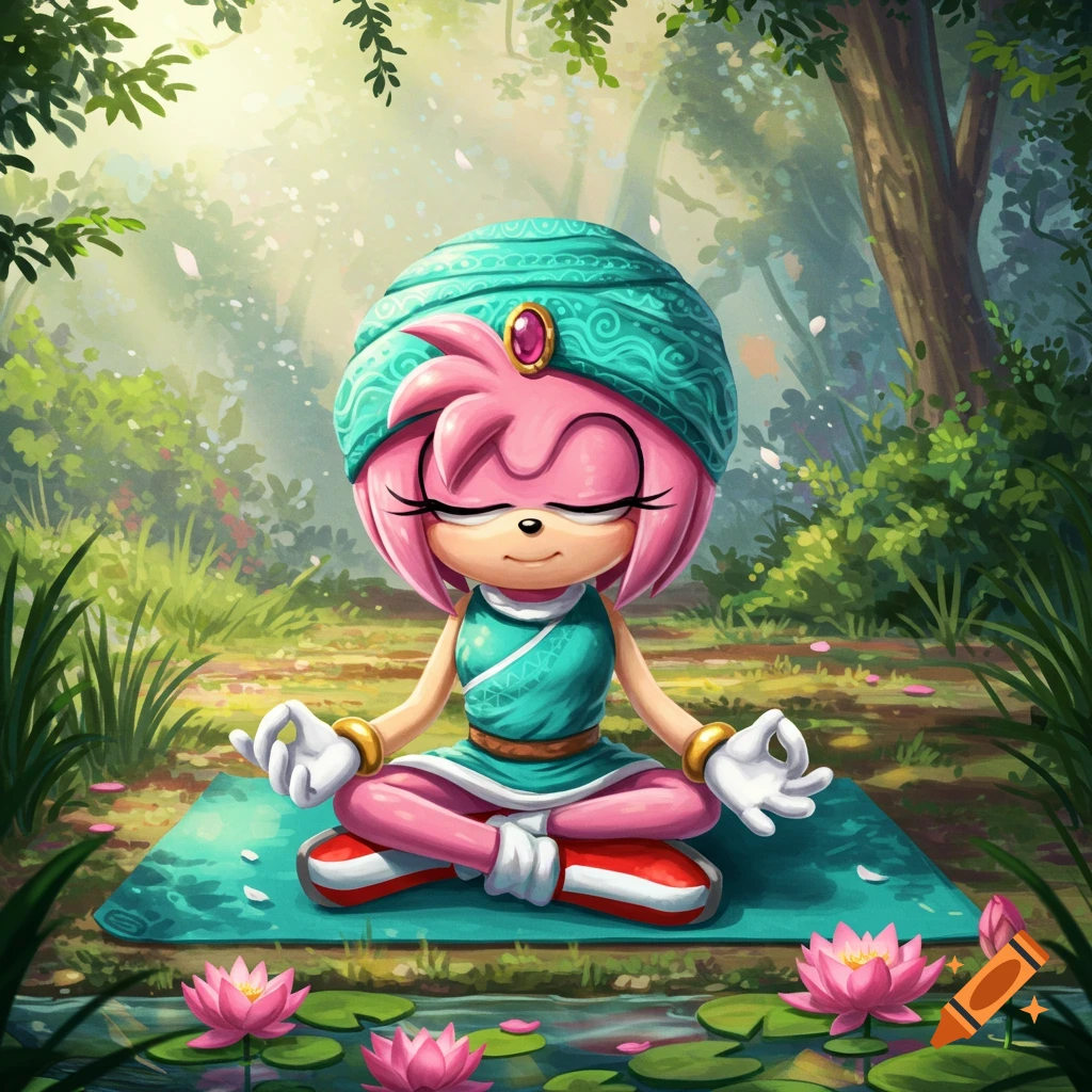 Amy Rose, a pink Sonic character, meditates in a red turban and yoga ...